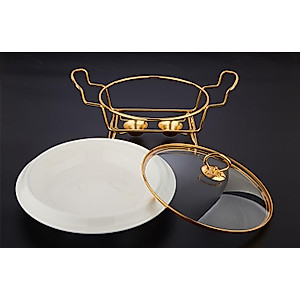 HONHPD Ceramics Chafing Dishes & Food Warmers, Household Gold Plated Buffet Server Warming Tray with Food Pan, Fuel Holder and Lid, for Wedding, Parties, Banquet, Catering Events,12.5INCH