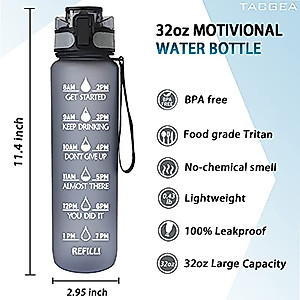 TACGEA Water Bottle 32oz, Motivational Sports Water Bottle with Time Marker to Drink, BPA Free and Leakproof, for Outdoor Fitness Sports and Office, Grey