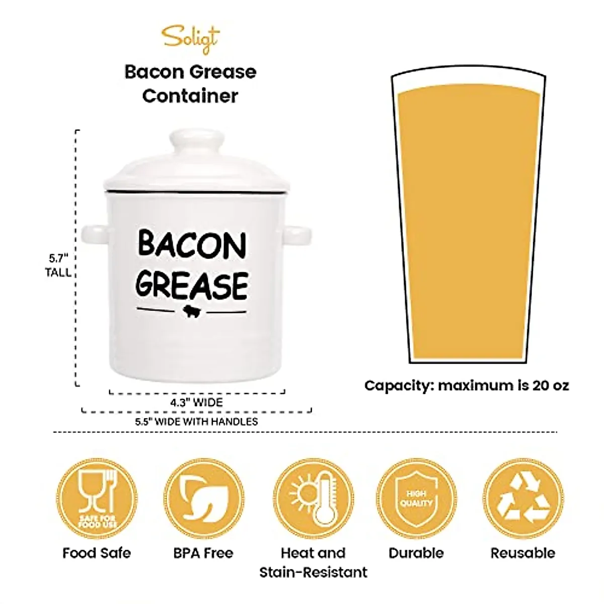 Ceramic Bacon Grease Container with Strainer - 600ml / 20oz Farmhouse Bacon Grease Keeper with Easy-Grip Handle, Bacon Fat Can for Grease Drippings and Storage - Creamy-white