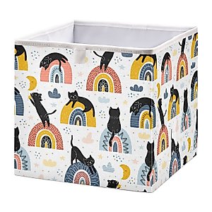 CaTaKu Black Cat Rainbow Cubes Storage Bins 11 inch Collapsible Fabric Storage Baskets Shelves Organizer Foldable Decorative Bedroom Storage Boxes for Organizing Home