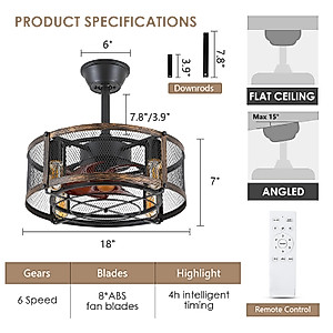 Dannilong Caged Ceiling Fans with Lights and Remote, Farmhouse Ceiling Fan with Light Bladeless, Small Ceiling Fan for Kitchen Bedroom Outdoor, 18 Inch Black Fandelier, Reversible Quiet Motor
