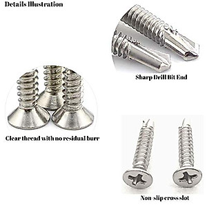Metal Tek Screws Sheet Metal Self-Drilling Screws Phillips Drive Flat Head 410 Stainless Steel Countersunk, #3Drill Point Thread Size #10-16 Dia 3/16”(Pack 100,1 1/4")