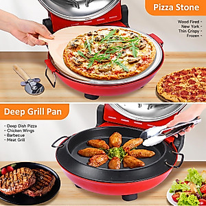 Upgrade Davivy 12" Indoor Electric Pizza Oven with Timer & Stone & Grill Pan, Countertop Pizza Oven Heats up to 800˚F, Portable Indoor Pizza Oven Cooker Countertop, Electric Indoor Pizza Cooker -Red