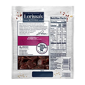 Lorissa's Kitchen Premium Grass-Fed Steak Strips, Korean Barbecue, 2.25 Oz. 4 Count - No Added MSG or Nitrites, Keto Friendly Snacks & Gluten Free, More Tender Than Traditional Beef Jerky