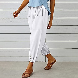 Women's High Waist Style Loose Pants Drawstring Capri Pants with Pockets Wide Leg Ankle Cropped Pants for Women White