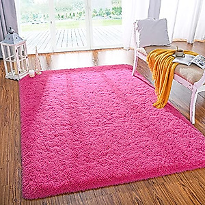 Rtizon Super Soft Fluffy Bedroom Rug, 5.3x7.6 Feet Shag Rug with Non-Slip Bottom for Bedside Living Room Dorm Nursery, Fuzzy Furry Shaggy Area Rug for Indoor Kids Baby Home Decor, Hot Pink