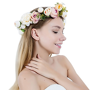 DDazzling Women Flower Headband Wreath Crown Floral Wedding Garland Wedding Festivals Photo Props (Champagne)