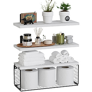 WOPITUES Bathroom Shelf Over Toilet, Floating Bathroom Shelf Wall Mounted with Wire Basket, Floating Shelf for Wall Décor-Modern White