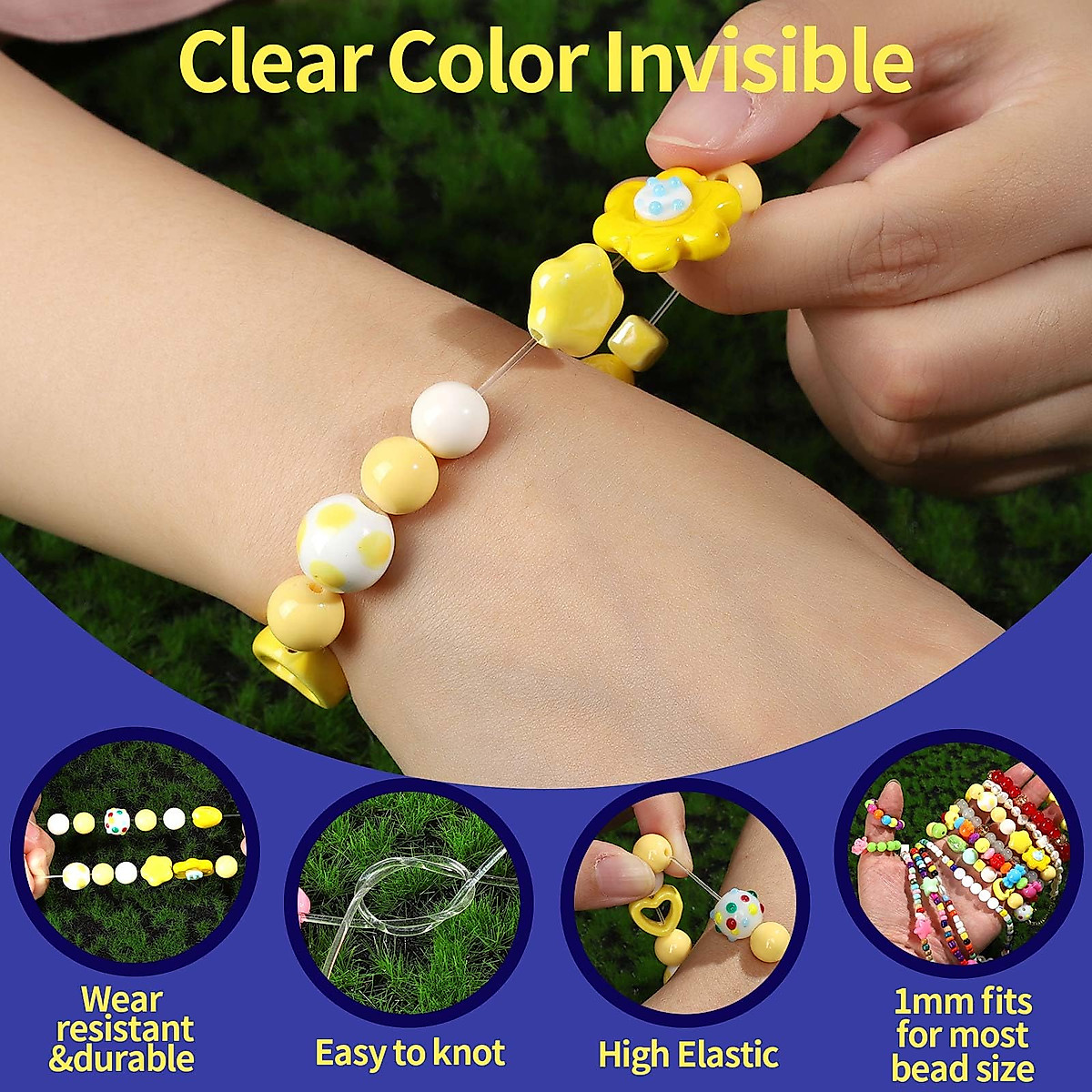 FANDAMEI 1mm Elastic Bracelet String Cord, Crystal Stretch Bead Cord for Bracelets Jewelry Making, Clear Stretchy Elastic String for Beading, Transparent Thread for Bracelet Necklace Making