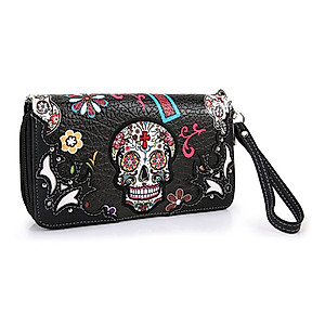 Sugar Skull Wallet PU Leather Western Wristlet Wallet (Black Sugar Skull)