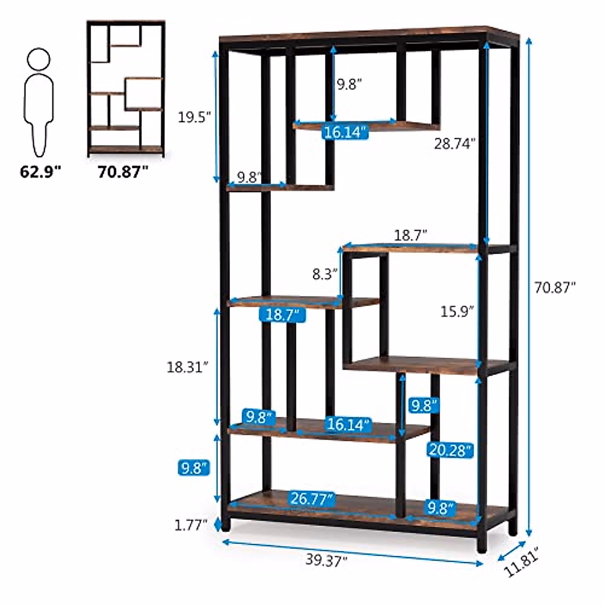 LITTLE TREE 70.8 Inches Tall Bookshelf, Industrial Bookcase for Home Office, Rustic Brown 8-Shelves Wood and Metal Frame Display Shelf Open Storage Organizer Shelves