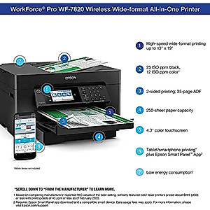 Epson Workforce Pro WF-7820 Color Inkjet Wireless All-in-One Printer - Print Scan Copy Fax - 4.3" Touchscreen Display, 4800 x 2400 dpi, 13"x19", 50-Sheet ADF, 25 ppm, Auto 2-Sided Printing