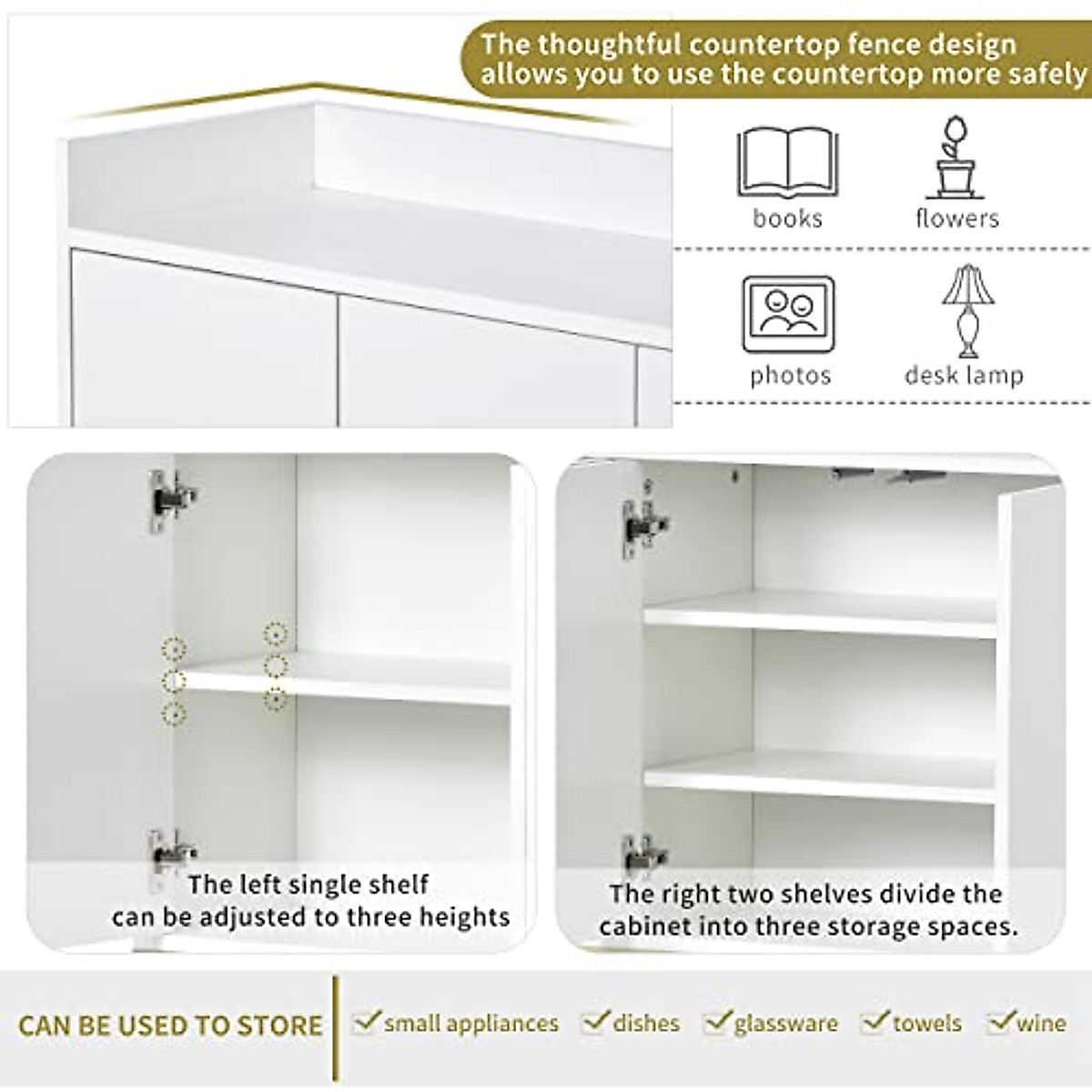 Modern Sideboard Elegant Buffet Cabinet with 4 Doors Storage Cupboard and Display Shelves,Buffet Server Console Table Floor Cabinet with Gold Metal Base for Dining Room/Entryway/Kitchen (White)