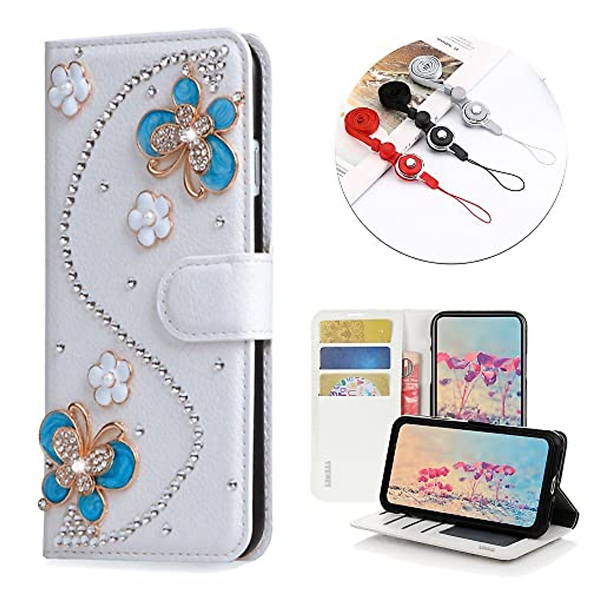 STENES Bling Wallet Phone Case Compatible with Samsung Galaxy Z Fold 2 5G - Stylish - 3D Handmade S-Link Flowers Butterfly Design Leather Girls Women Cover with Neck Strap Lanyard [3 Pack] - Blue