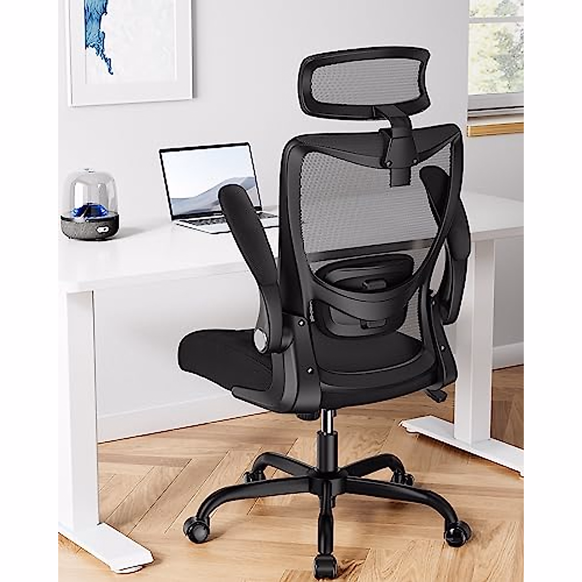 HUANUO Ergonomic Mesh Office Chair, High Back Desk Chair with Adjustable Lumbar Support & Headrest, Flip-Up Armrests, and Adjustable Height, Home Computer Chair with Tilt Lock Function