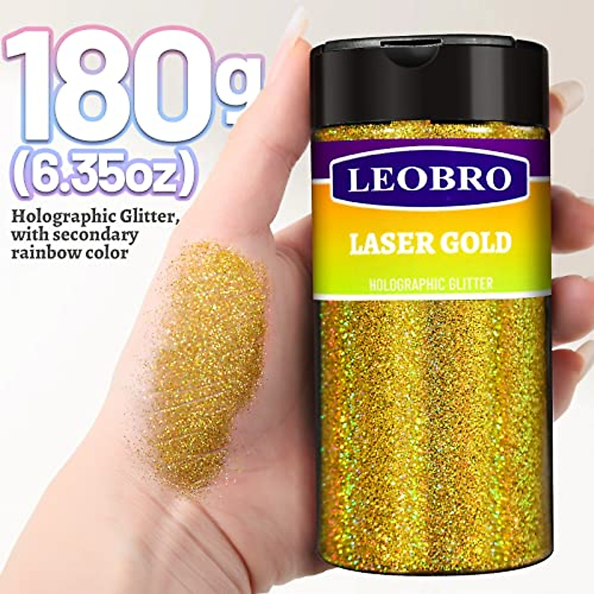 Holographic Ultra Fine Glitter, 180G/6.35OZ Resin Glitter Powder Sequins Flakes, 1/128" Metallic Iridescent Glitter for Resin Tumblers Art Crafts, Hair Face Body Nail Glitter, LEOBRO Gold Glitter