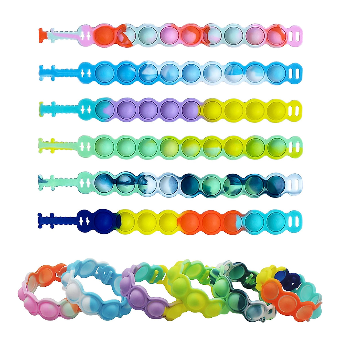 Flyingseeds 6 Packs Push Pop Fidget Bracelet Fidget Toys for Kids & Adults, Anxiety Stress Relief Finger Press Bracelet Multicolor Wristband, Durable and Adjustable Hand Toy for Party Favors