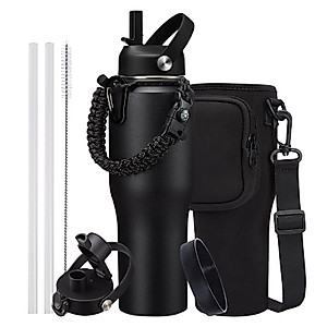 32oz Tumblers Insulated Water Bottle - Fits Car Cup Holder, Cold 48H Hot 24H, Leakproof Stainless Steel Water Bottles with Straw & Pop-up Spout Lid, Paracord Handle, Bottle Holder Bag & Flask Boot