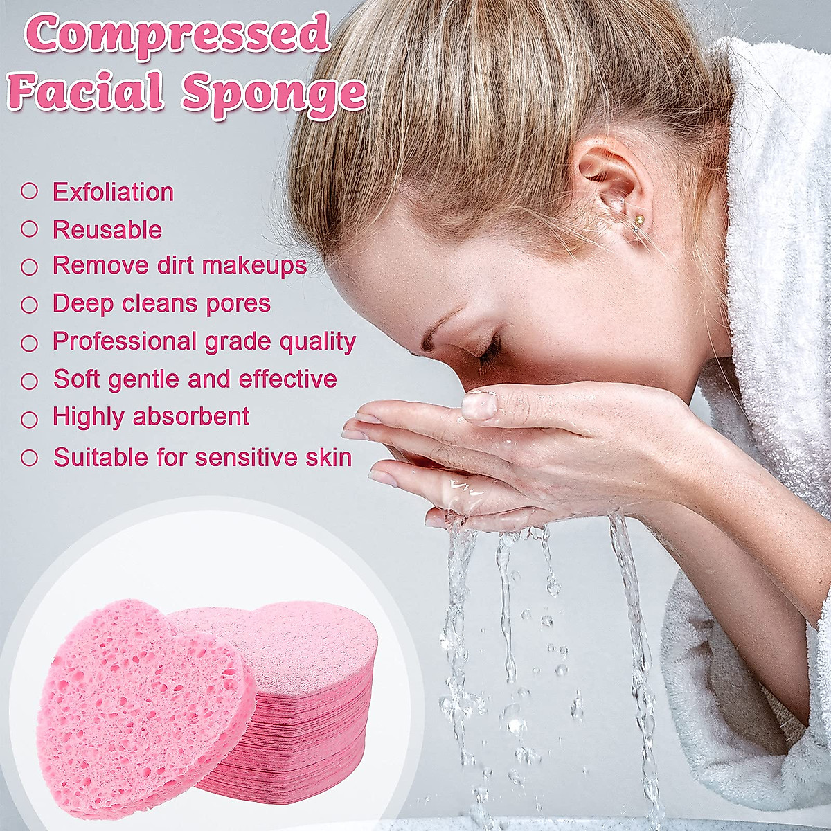 Patelai 50 Count Heart Compressed Facial Sponges Valentine's Day Pink Pads for Face Cleansing Exfoliating Makeup Remover Skincare Travel Home