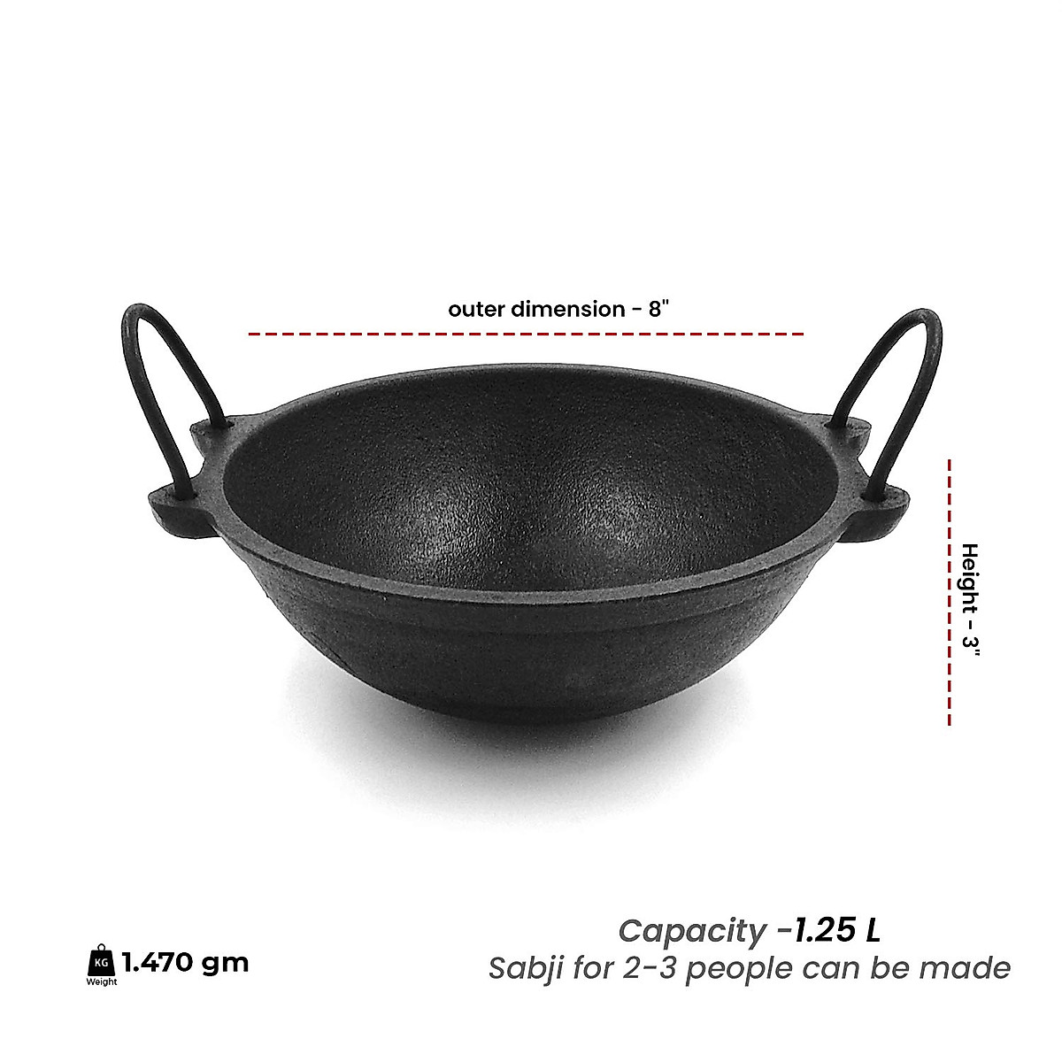 TAZBI Pre-Seasoned Small Cast Iron Kadai 8 Inch (Ready to Use-Hand Seasoned by Village Ladies Using Oil), Black