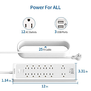 Extra Long Surge Protector Power Strip with USB Ports, NTONPOWER Power Strip with 12 Outlet(2 Widely Space), 15Ft/25Ft Long Extension Cord, Flat Plug Power Strip, Wall Mountable for Home Office, White
