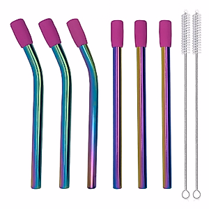 Amsthow Reusable Straws Boba Metal Straws with Silicone Tips and Cleaning Brushes Smoothie Straws for Milkshake Shake, Bubble Tea( 0.43" Wide Rainbow Colors)