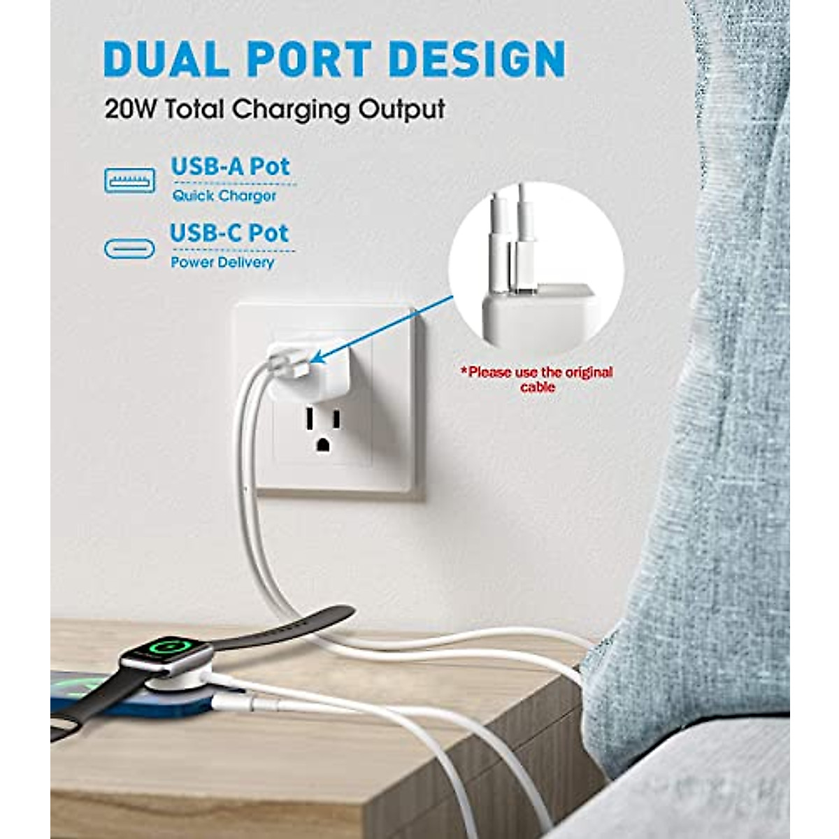 USB C Wall Charger Block,20W Dual Port Charge Adapter,Fast Charging Plug Compatible with Apple Watch Series Se 8 7 6 5 4 3 iPhone 14 Plus 13 12 Mini Pro Max iPad Pro Air, Airpods