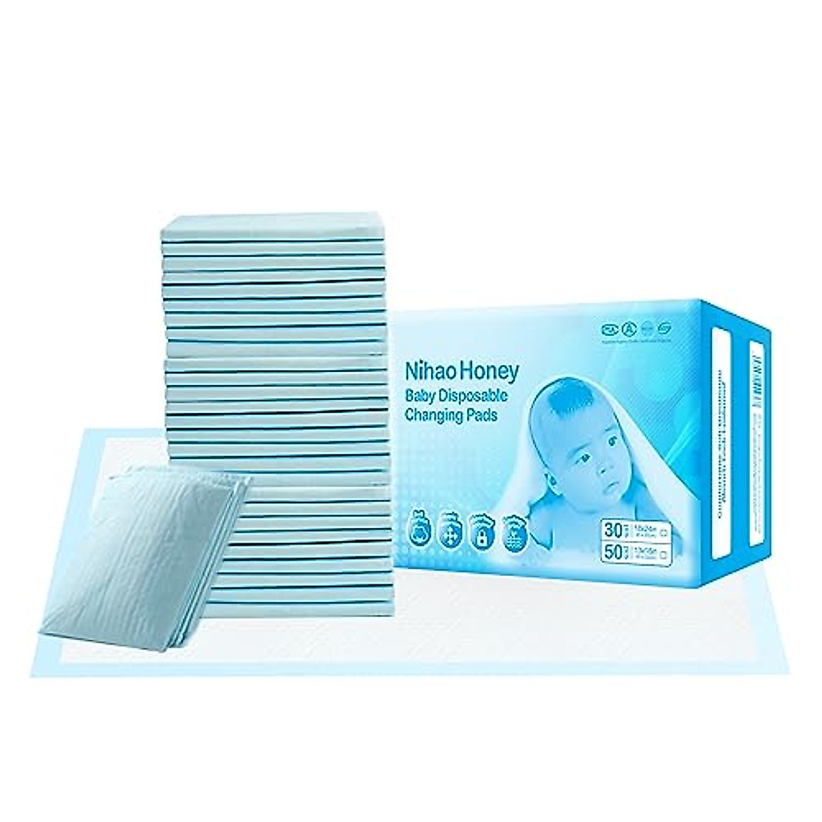 Nihao Honey Disposable Changing Pads for Baby, 30 Pack Portable Diaper Changing Pad Liner, Baby Changing Pad Waterproof Underpads Changing Table Pads Leak-Proof Breathable (Blue, 18x24 Inch)
