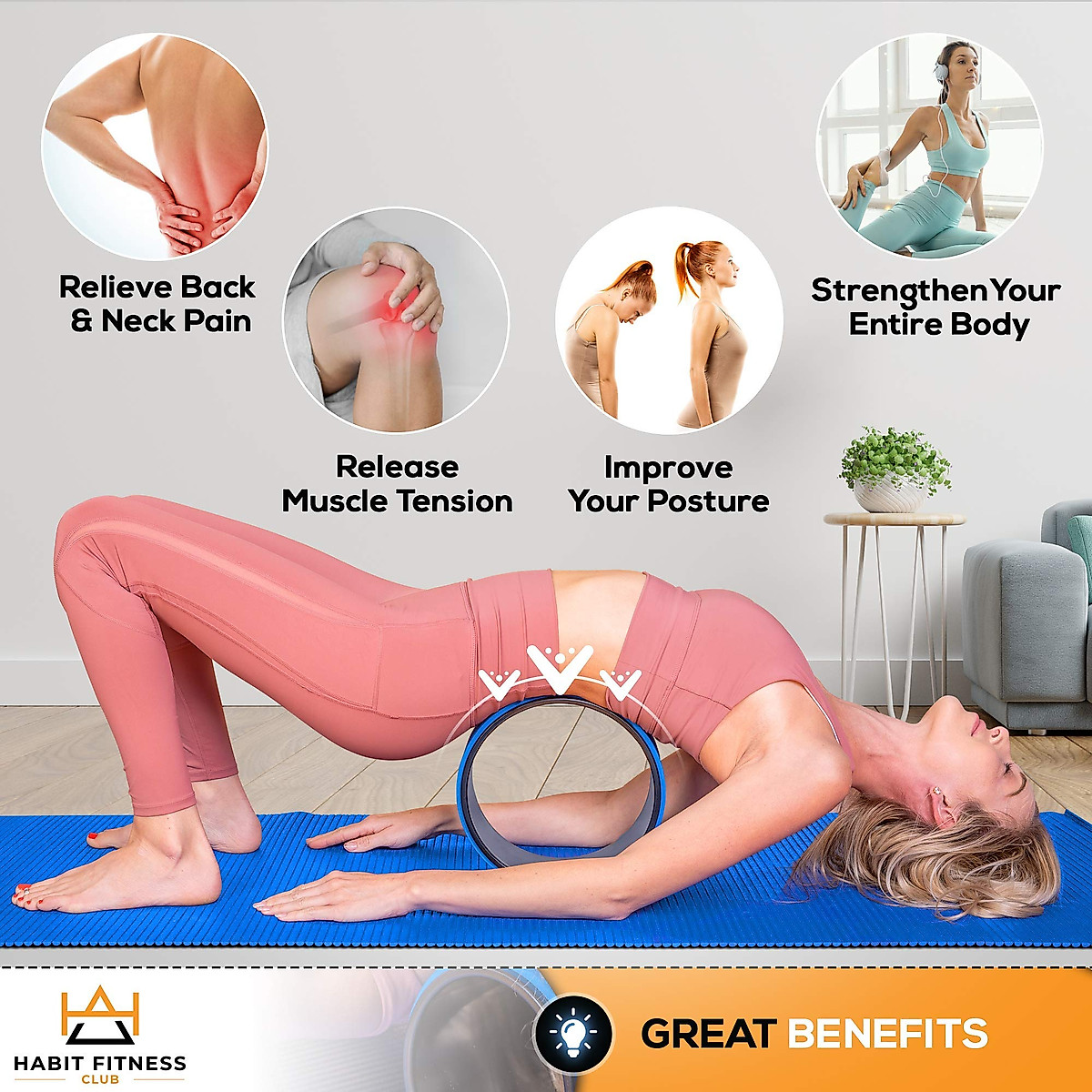 Habit Fitness Club - Yoga Wheel Set (Pro Series)- Best Roller Wheels for Relieving Back Pain, Correcting Posture & Yoga Pose & Stretching Assistant