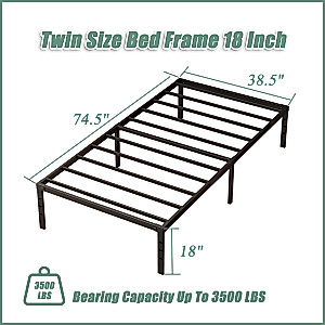 JTPTU 18 Inch High Twin Bed Frame No Box Spring Needed,Heavy Duty Metal Bed Frame Twin Size,Kids Twin Platform Bed Frame Steel Slat Support,Easy Assembly,Noise Free,Non Slip Black Bed Frame Twin
