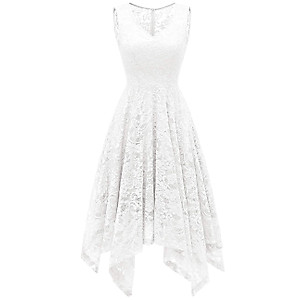 Meetjen White Wedding Dress for Bride Lace Cocktail Dress Asymmetrical Dresses Elegant Floral Lace Sleeveless Handkerchief Hem Party V-Neck Dress White XL