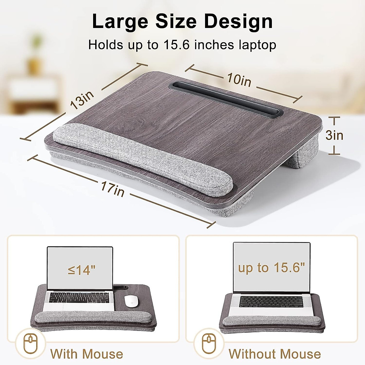 Lap Desk Laptop Bed Table: Computer lapdesk with Soft Pillow and Storage Bag - Padded Lap Work Tray and Gaming Desk on Bed - Wood Wide Writing Tray for Home Office - Fits up to 15.6 inch Laptop