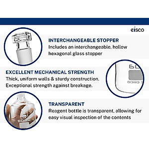 EISCO Reagent Bottle, Borosilicate Glass, Narrow Mouth with Interchangeable Hexagonal hollow glass Stopper - 1000ml Labs