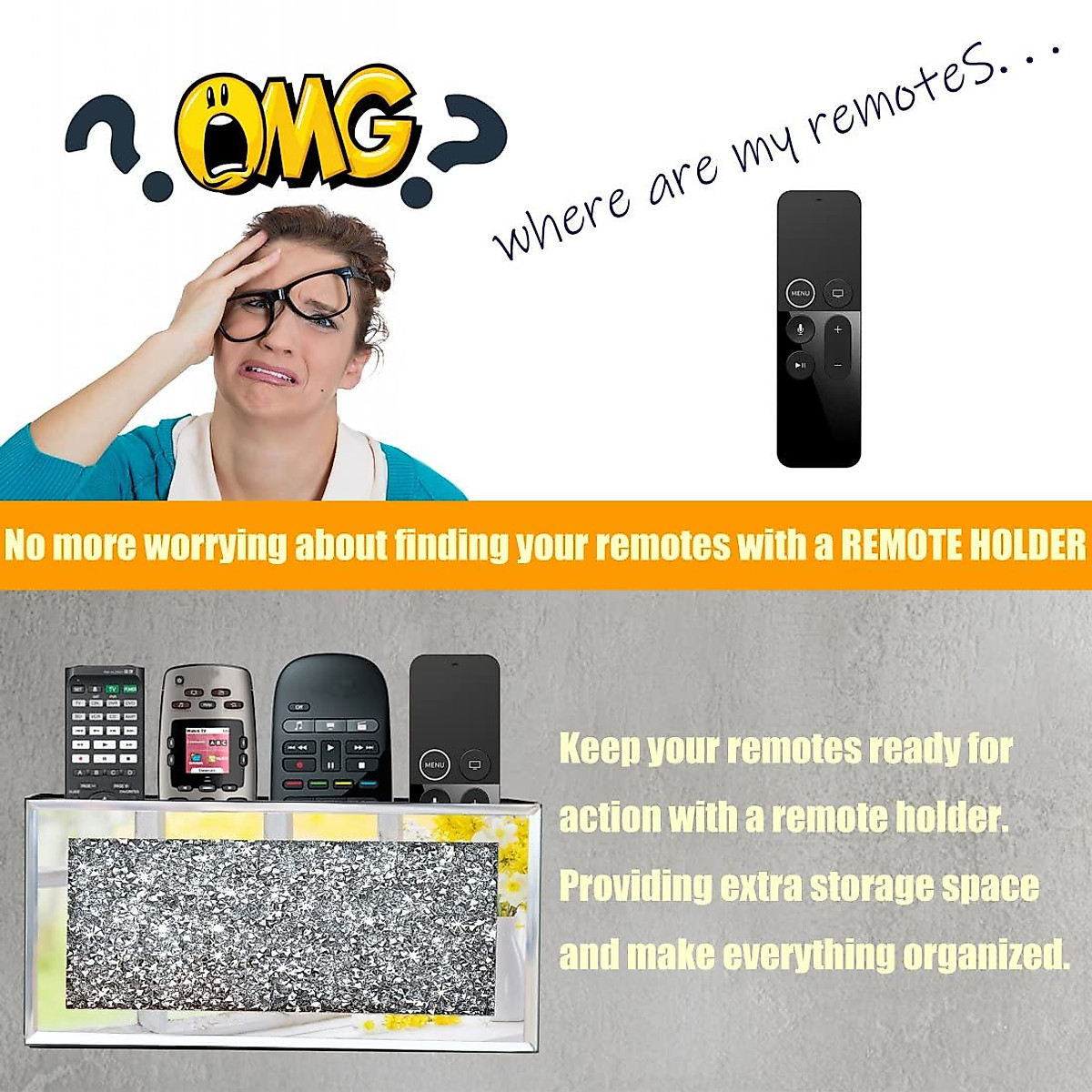 GOTHICO Mirrored Remote Holder, Wall Mounted Crush Diamond Bling Decoration Organizer Storage Box for Remote Phone Pad Wallet Notebook (8.3"×2.5"×4" For 3 or 4 Remote Controls)