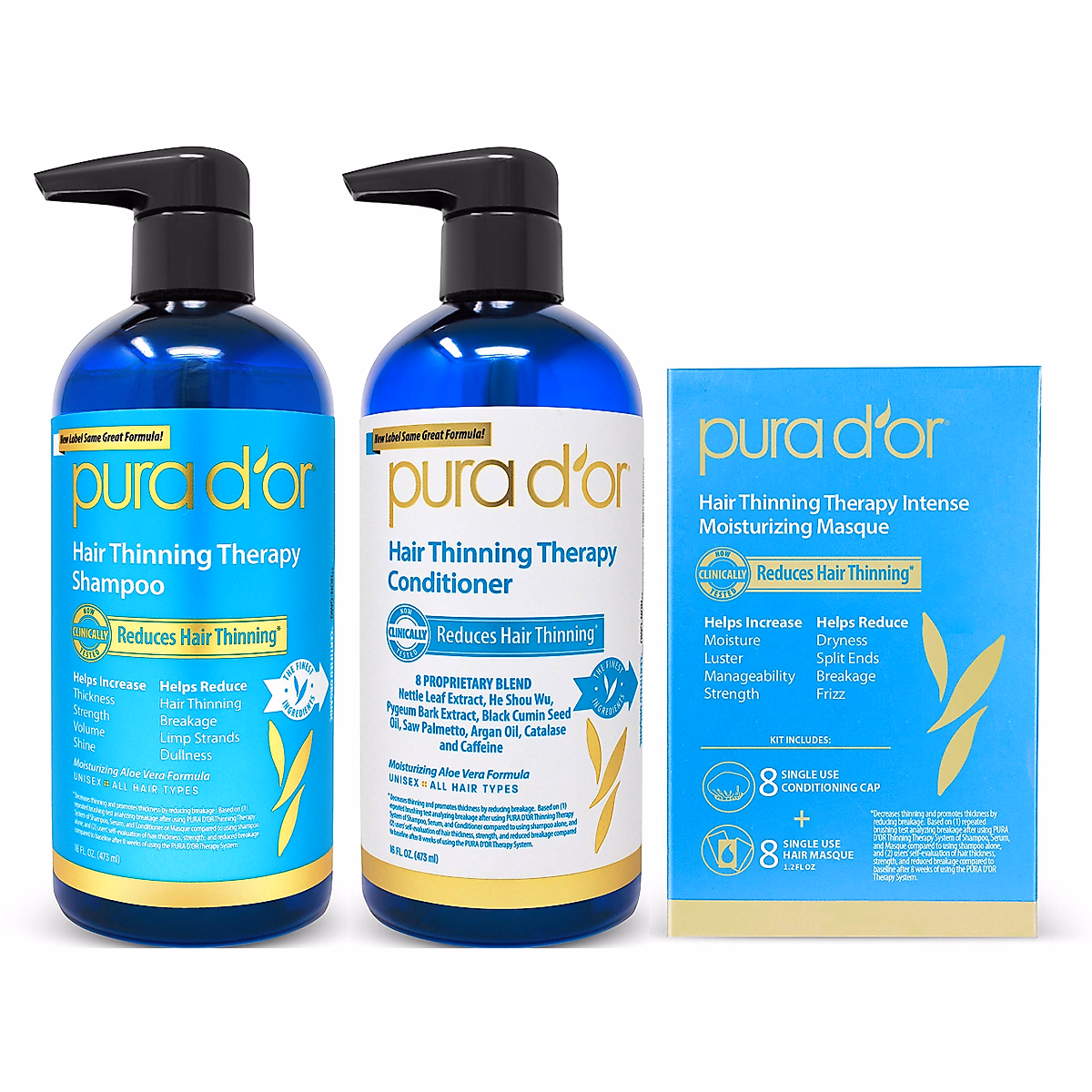 PURA D'OR Hair Thinning Therapy 3-Piece Set, Shampoo, Conditioner & Masque for Best Results, Infused with Argan Oil, Biotin, All Hair Types, Men & Women (Packaging may vary)