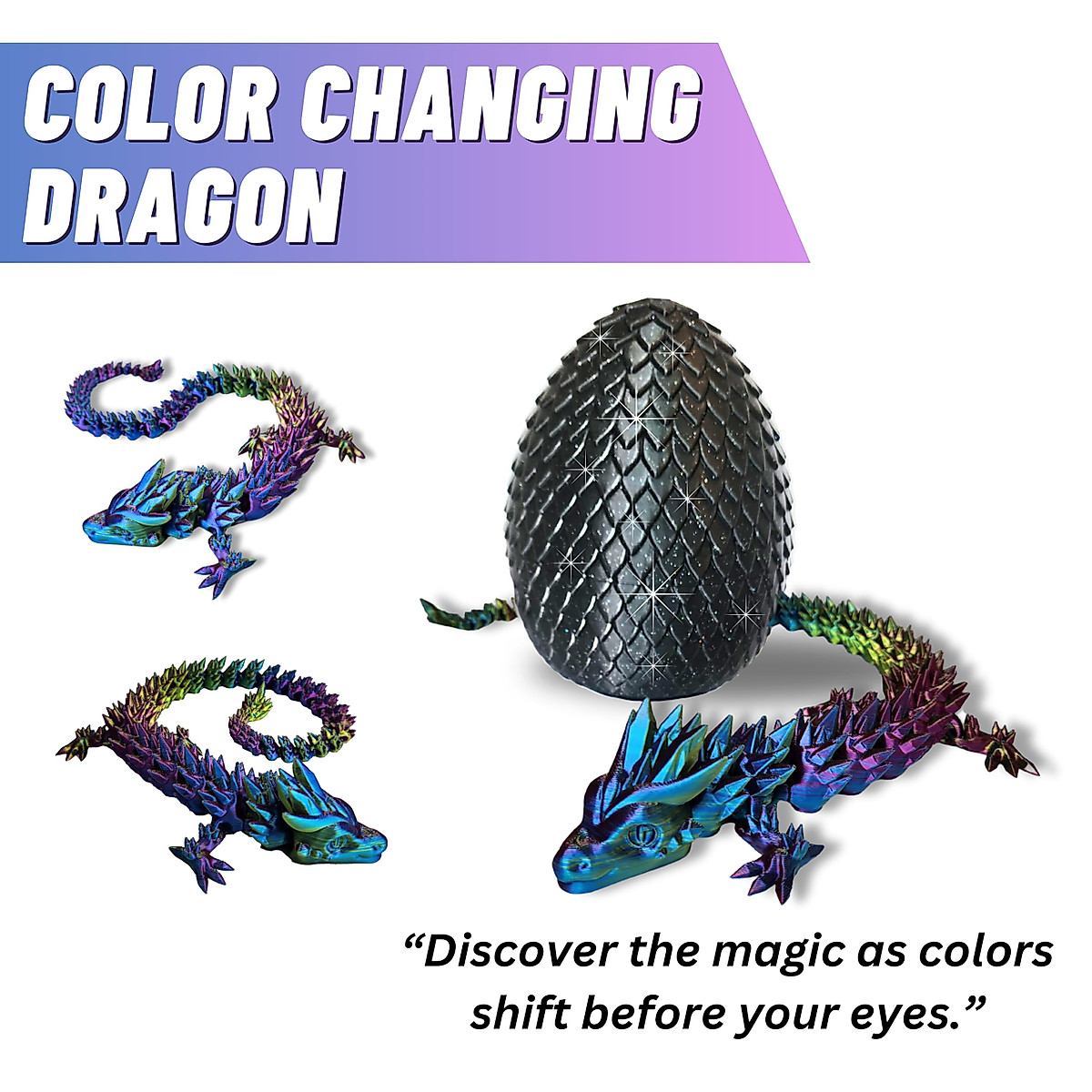 Amerimaker 20" Articulated Dragon With Egg - Big Color Changing - 3D Printed Dragon With Egg - Fidget Dragon Egg & 3D Dragon - Toy Dragon Egg With Figures - Made in the USA - (Rainbow With Black Egg)