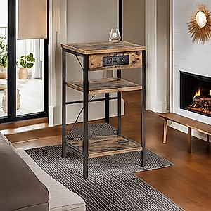 VGWHY End Table with Charging Station, 3 Tier Side Table with USB Ports and Power Outlets, Rustic Brown Night Stand for Living Room, Bedroom