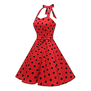 Topdress Women's Vintage Polka Audrey Dress 1950s Halter Retro Cocktail Dress Red/Black Dot M