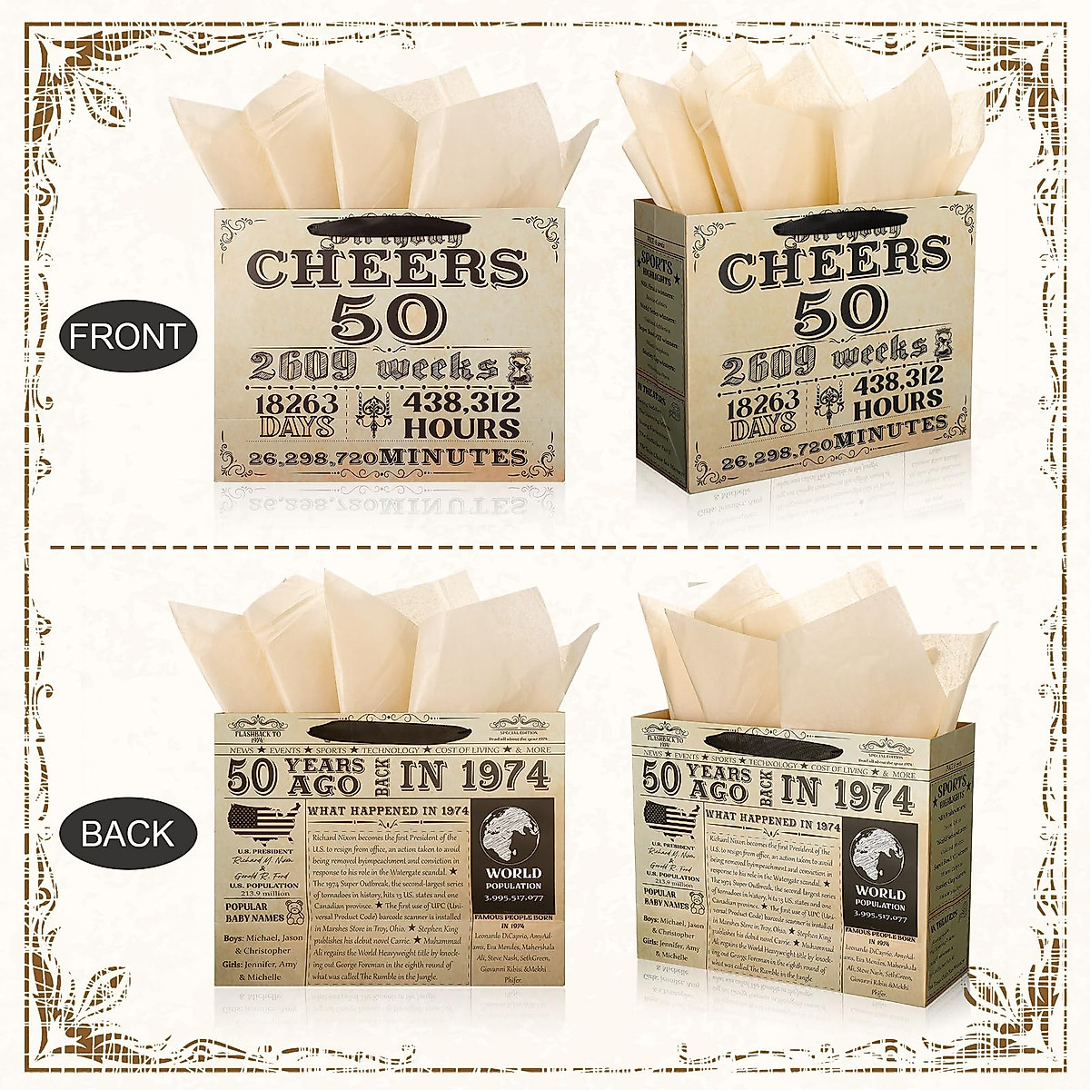 HHUIYUN 50th Birthday Gift Bag, Vintage 1974 Gift Bag with 50th Birthday Card and 50th Birthday Tissue Wrapping Paper, 50th Birthday Gifts for Him Her Husband Wife Mom Dad, 50 Birthday Party Supplies