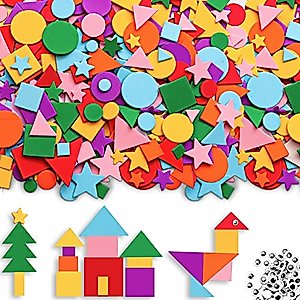 Gushu 1500Pcs Foam Stickers Foam Shapes Stickers for Kids Self Adhesive DIY Craft Supplies Mini Assorted Geometric Shape Preschool Stickers with Self-Adhesive Wiggle Googly Eyes