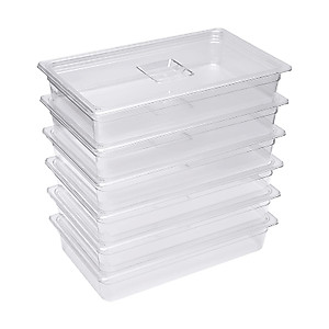DYNAMI 6 Pack Food Pans with Lids,Full Size 4in Deep Commercial Clear PC Square Food Storage Containers,Heat-Resistant,Freezer-Safe To Store Vegetables,Fruits, Meats, Grains, for Kitchen Restaurant