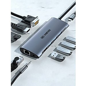 USB C Hub, HANRICO USB-C Laptop Docking Station 11 in 1 Compatible for MacBook Pro/Air, Ipad, MateBook, PC, Flash Drive, Mobile HDD, Phone and More TypeC Devices(USB,PD,HDMI,RJ45,SD,TF,VGA,3.5mm)