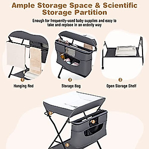 HONEY JOY Changing Table, Folding Mobile Nursery Organizer w/Wheels, Adjustable Height, Storage Bag & Open Shelf, Portable Diaper Changing Station for Newborn (Gray, 31.5"x26"x40")