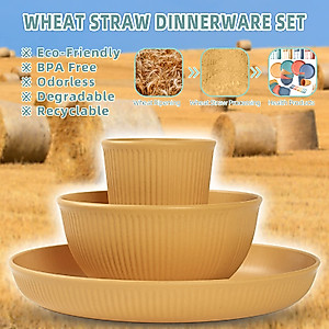 62PCS Wheat Straw Dinnerware Sets for 4, Reusable Unbreakable Dinnerware Set for Kids Adults, Microwave Safe, Lightweight Camping Plates Cups and Bowls Set for Dorm Kitchen Picnic Rv Dishes