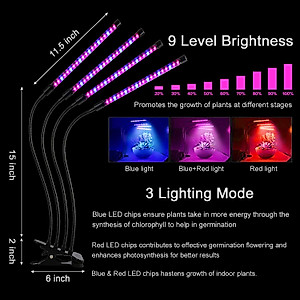 LED Grow Lights for Indoor Plants - JUEYINGBAILI Gooseneck Plant Lights with Red Blue Full Spectrum, Auto ON/Off 3 9 12 Timer, 9 Dimmable Levels Clip Plant Growing Lamp (with Power Adapter)