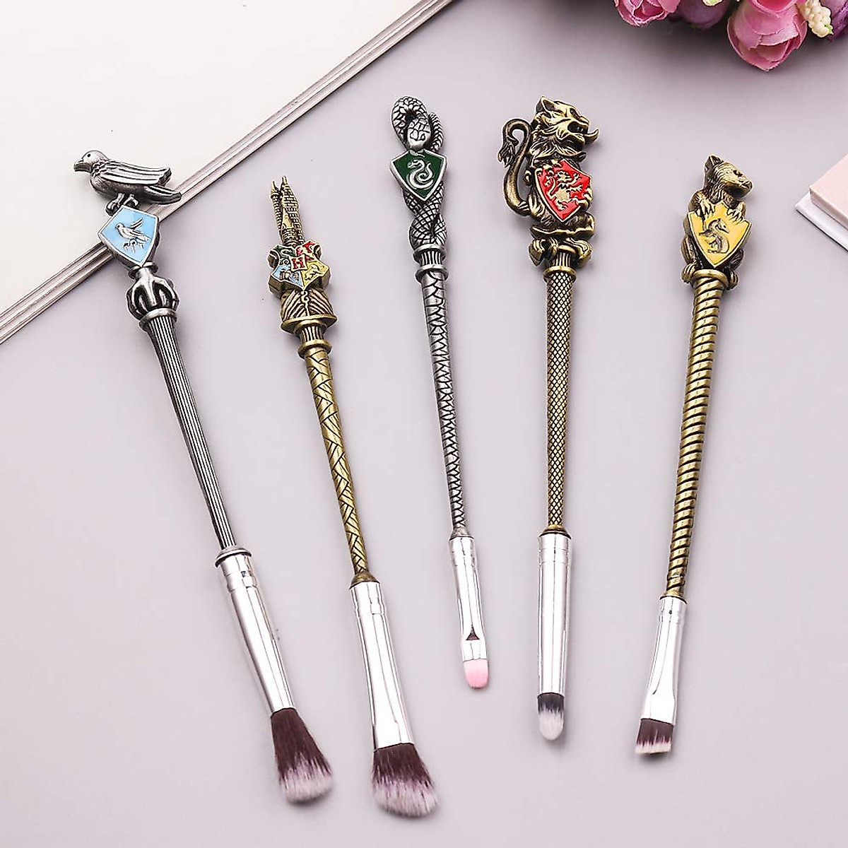 Magic Wand Makeup Brushes Set - 5pcs Wizard Wand Makeup Brushes Foundation Blending Blush Eyeshadow Face Lip Powder Brush Beauty Tools (New-Bronze)