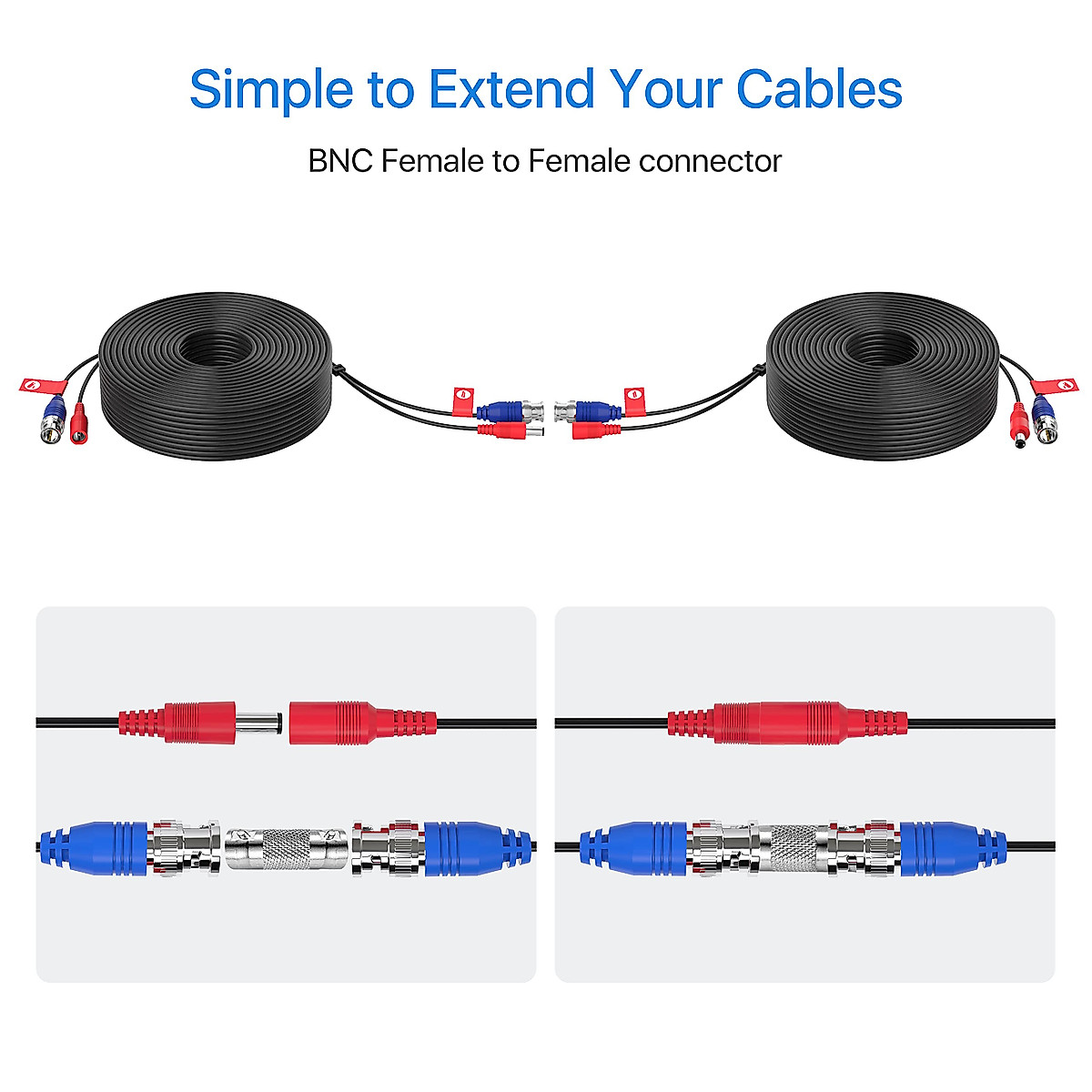 ZOSI 4 Pack 100ft (30 Meters) 2-in-1 Video Power Cable, BNC Extension Surveillance Camera Cables for Video Security Systems (Included 4X BNC Connectors and 4X RCA Adapters)