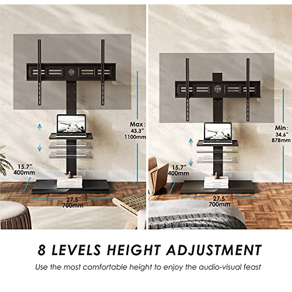 FITUEYES Floor TV Stand with Swivel Mount for 50-80 Inch Large LCD/LED TVs, Tall Corner TV Stands for Bedroom and Living Room, Easy to Assemble, Hold Up to 110 lbs,Black,TT208001MB