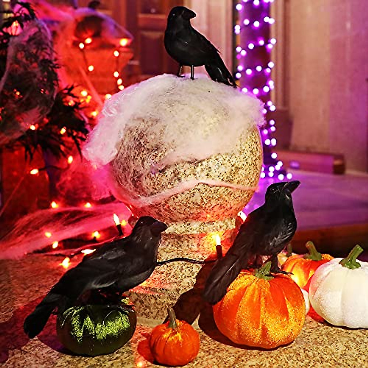 ATDAWN 6 Pack Halloween Black Feathered Crows, Realistic Looking Halloween Birds Decoration