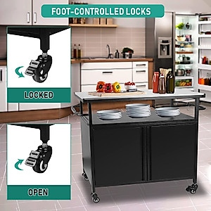 Karpevta Outdoor Grilling Table with Storage, Metal Outdoor Grill Cart with Storage and Wheels,Stainless Steel Countertop Kitchen Island Cart and Storage Cabinet for BBQ,Patio,Backyard